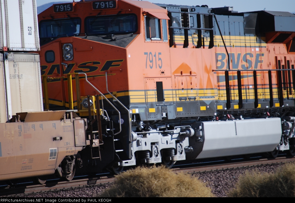 Close up shot of BNSF 7915 as she rolls into the BNSF Barstow yard.